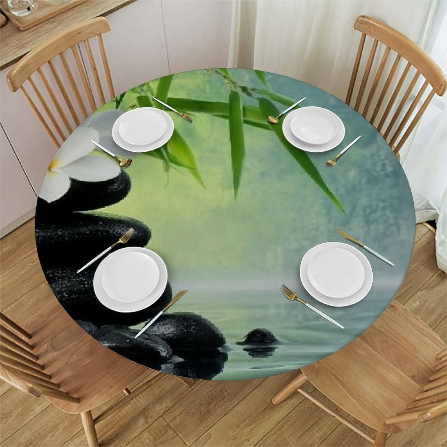 Autua Bamboo Tree Rocks White Flower Theme Round Tablecloth 100% ...