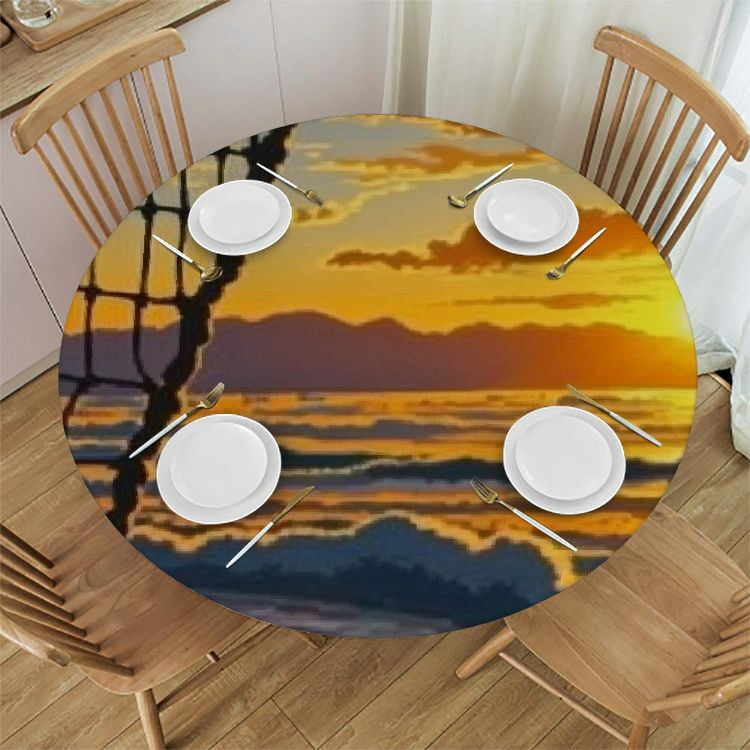Autua Beach Sunset Volleyball Round Tablecloth Stain-Resistant Washable ...