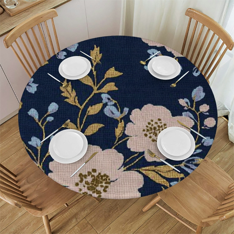 Autua Blue Floral Pattern Gold Border Round Tablecloth 100% Polyester ...