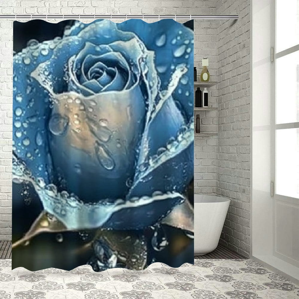 Autua Blue Rose Water Droplets Shower Curtain Set with Hooks 60"x72 ...