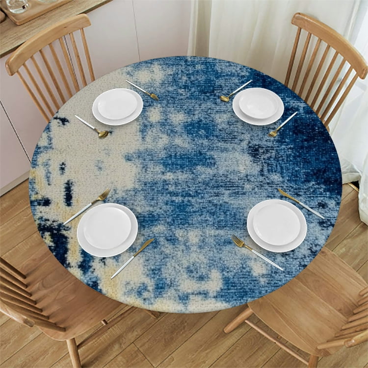 Autua Blue Rug Abstract Brush Round Tablecloth Stain-Resistant 100% ...