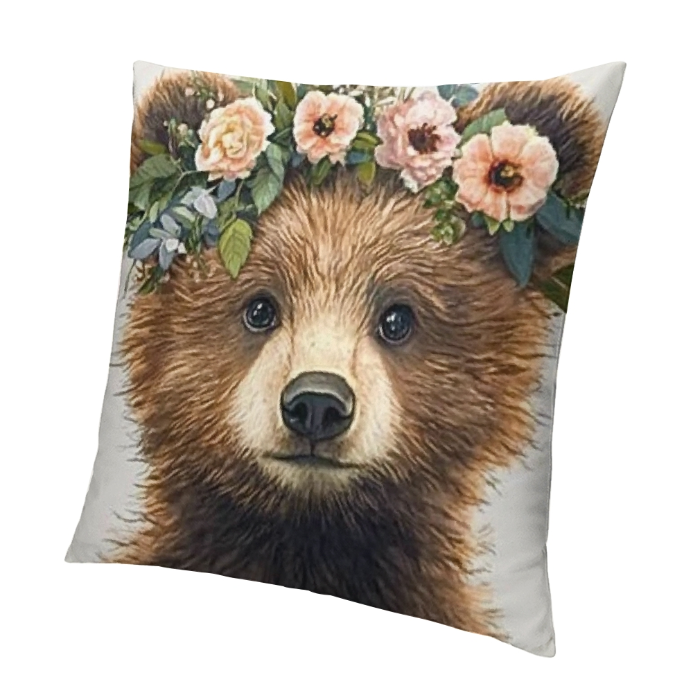 Autua Brown Bear Flower Crown Furry Pillowcase with Zipper Closure ...