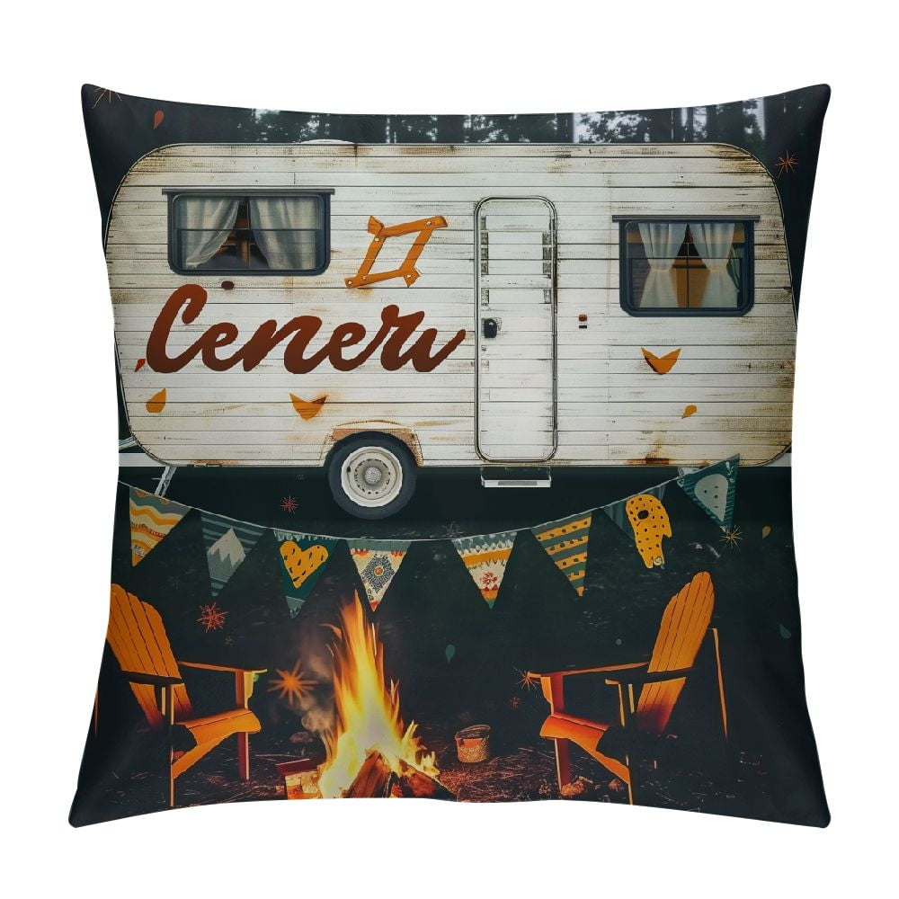 Autua Camping Camper Trailer Campfire Graphic Decorative Pillow Cover ...