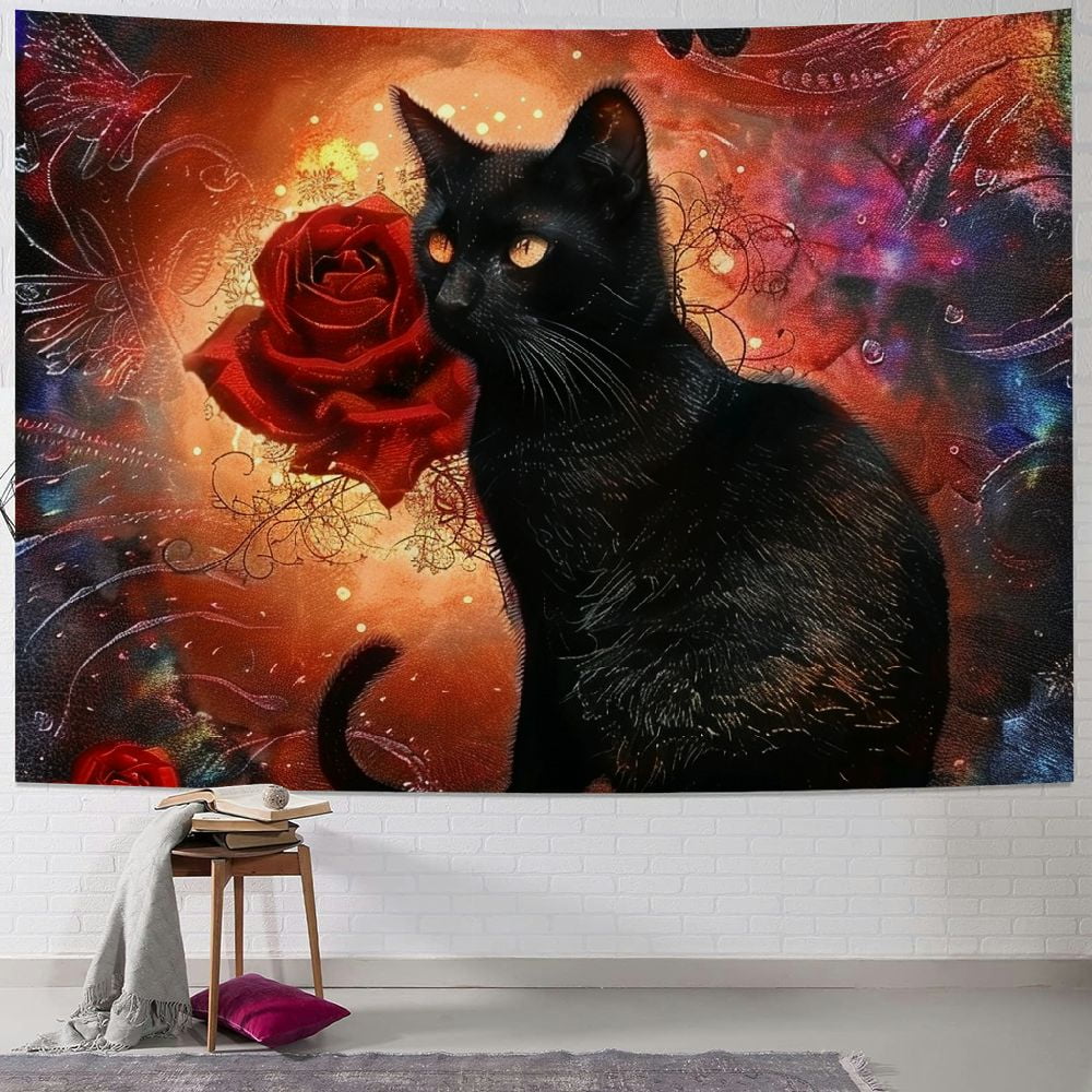 Autua Cat Rose Gothic Art Tapestry Wall Hanging Unique Style Graphic ...