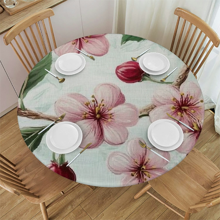 Autua Cherry Flowers Round Tablecloth Stain-Resistant Washable 100% ...