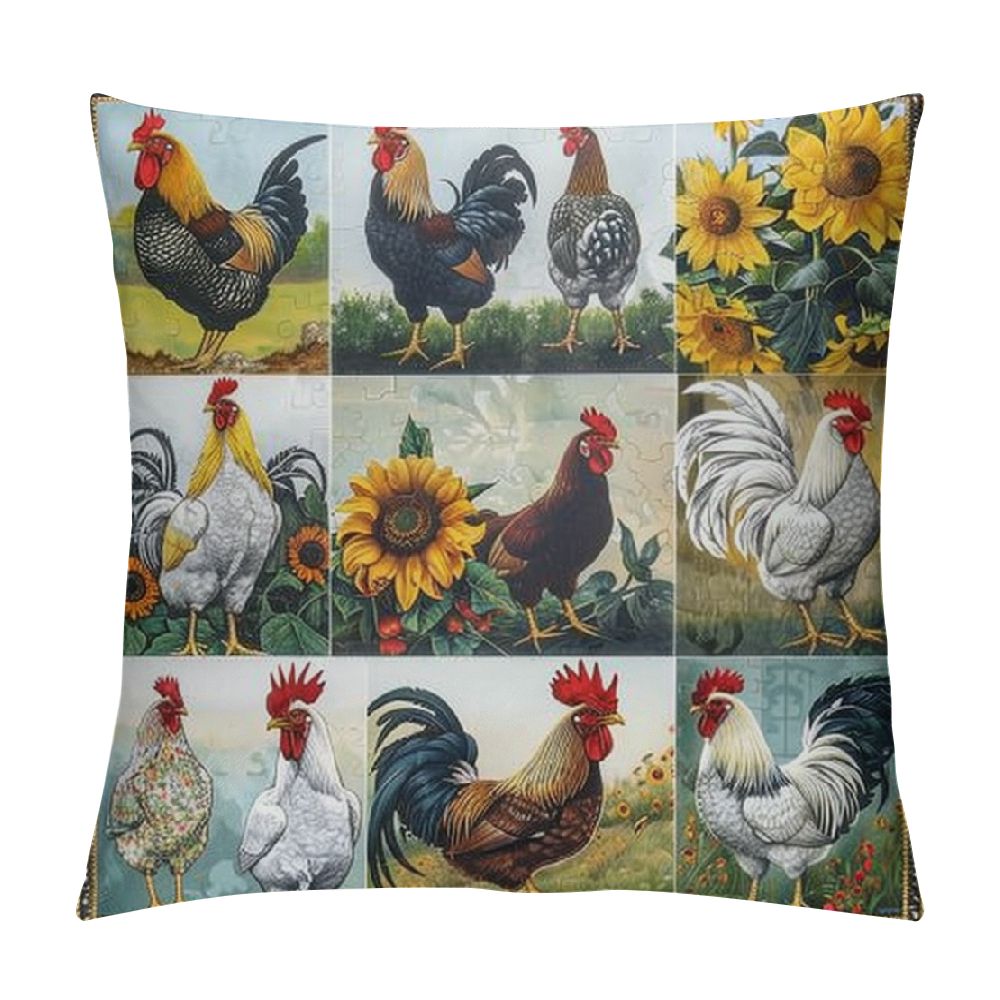 Autua Chickens Roosters Sunflower Graphic Decorative Cushion Cover for ...