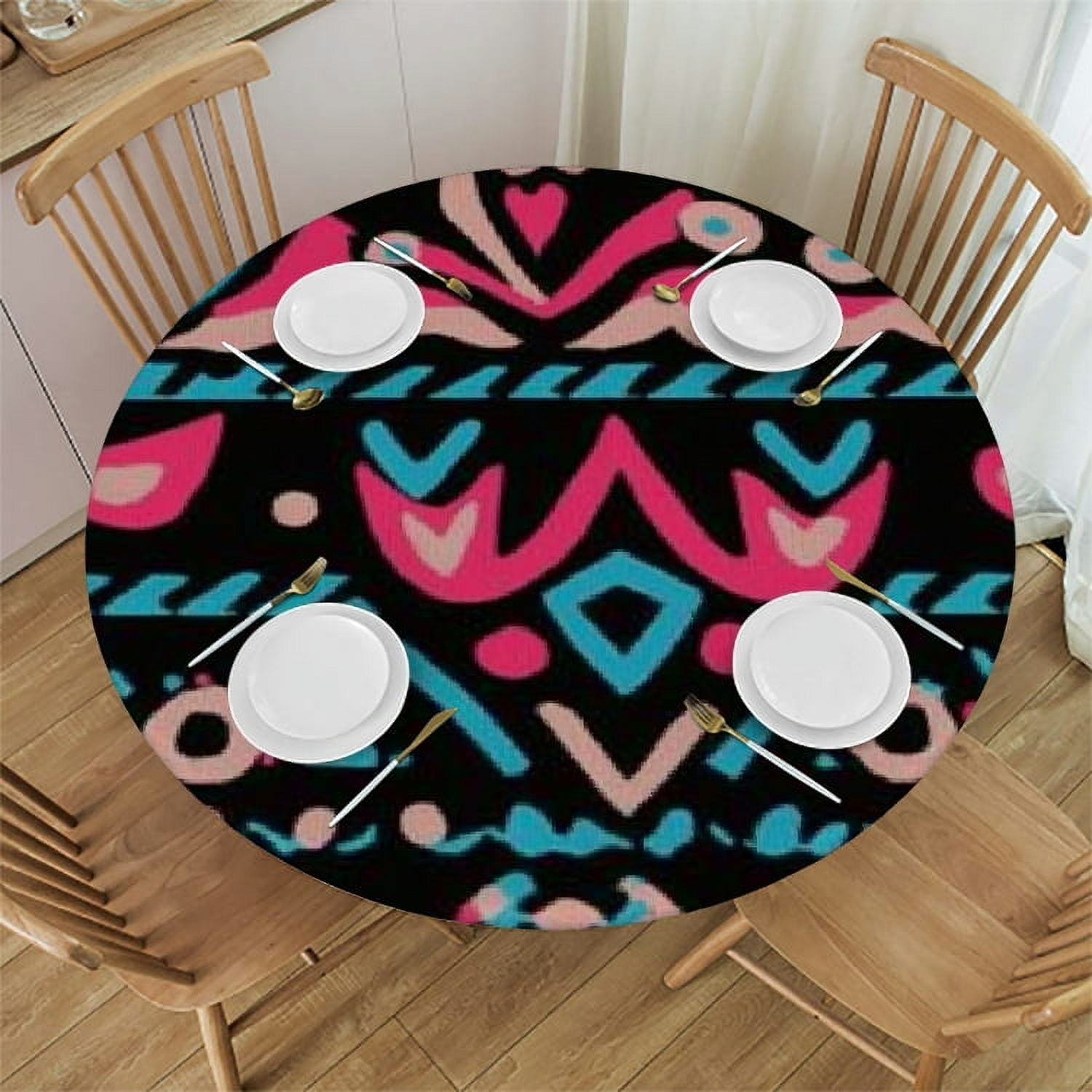 Autua Colorful Pattern Round Tablecloth Black Background Pink Blue 100% ...