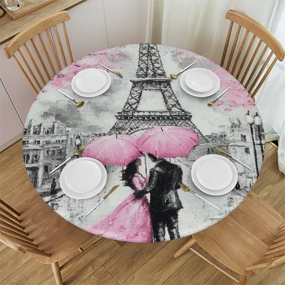 Autua Couple Pink Umbrellas Eiffel Tower Round Tablecloth 100% ...