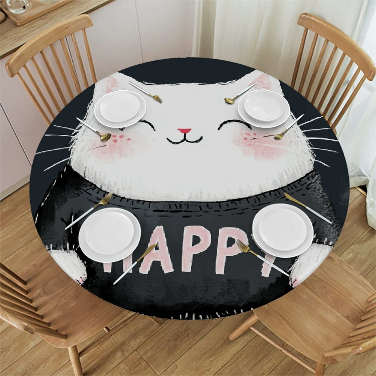 Autua Cute Cat Pink Hearts Round Tablecloth Stain-Resistant Washable ...