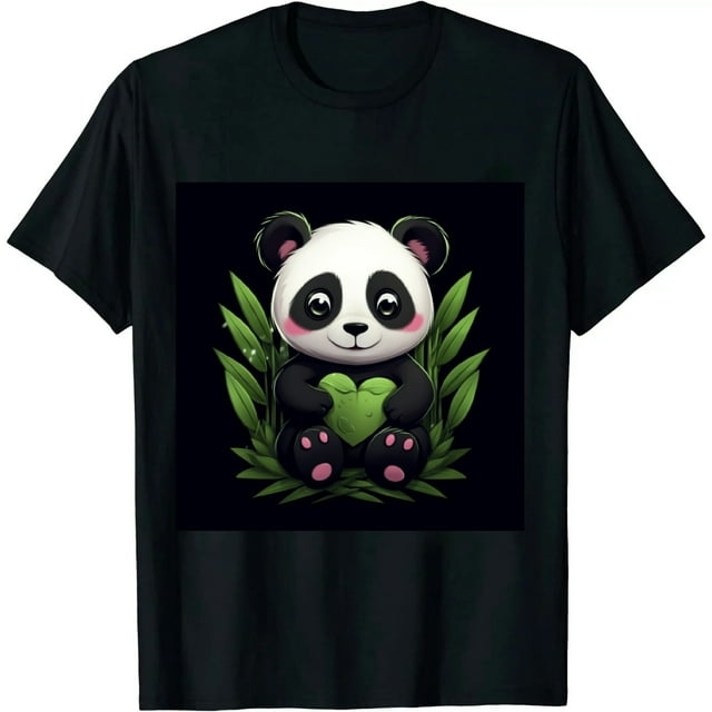 Autua Cute Heart-Shaped Panda Print T-Shirt Black Short Sleeve Unisex ...