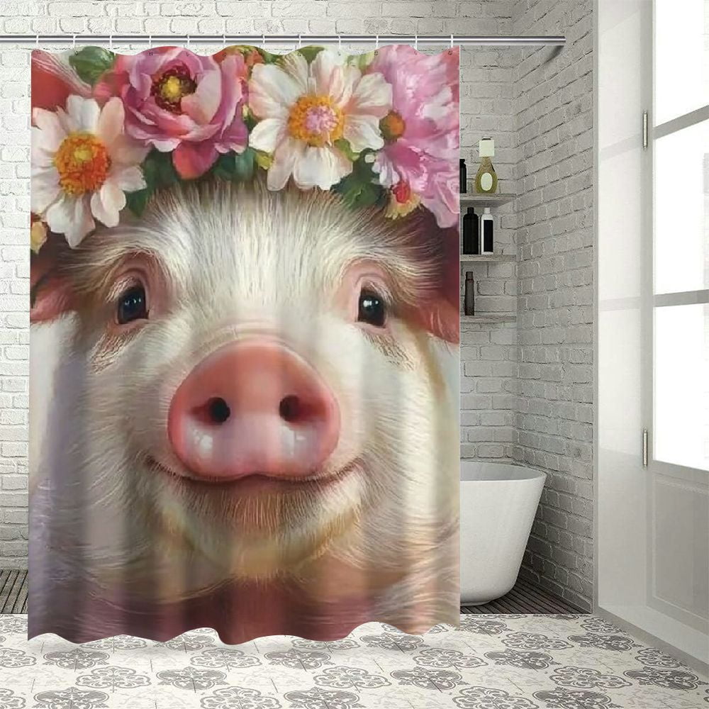 Autua Cute Pig with Flower Crown Home Bathtubs Bathroom Shower Curtain ...