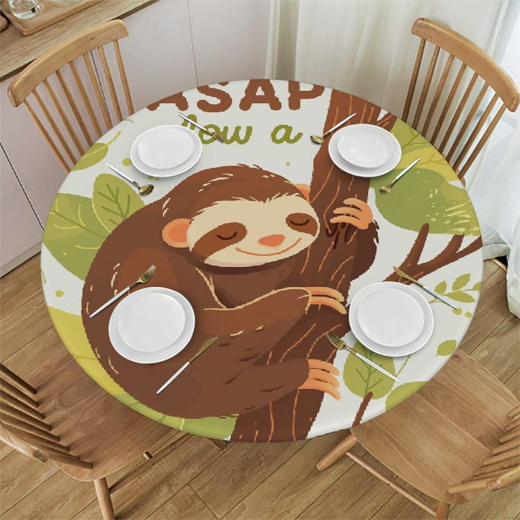 Autua Cute Sloth Typography Green Leaves Round Tablecloth Stain ...