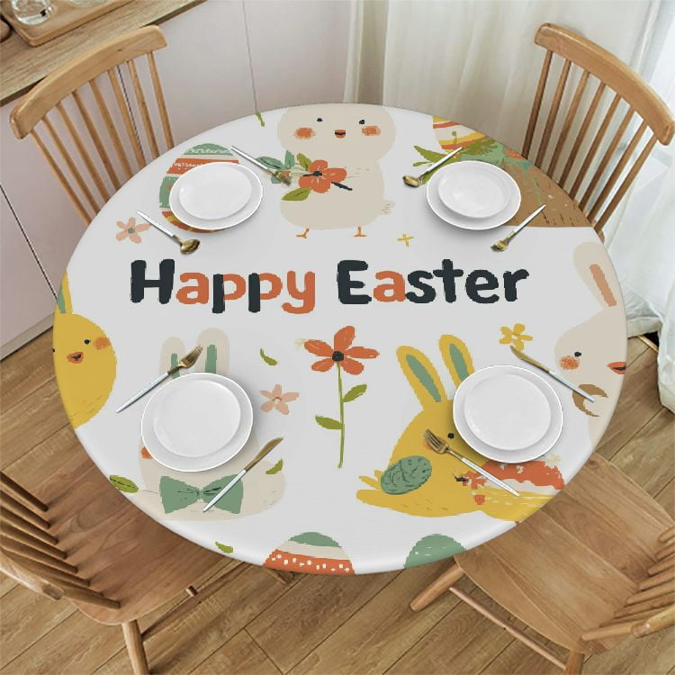 Autua Easter Tablecloth Round with Bunnies Chicks Eggs Theme, Stain ...