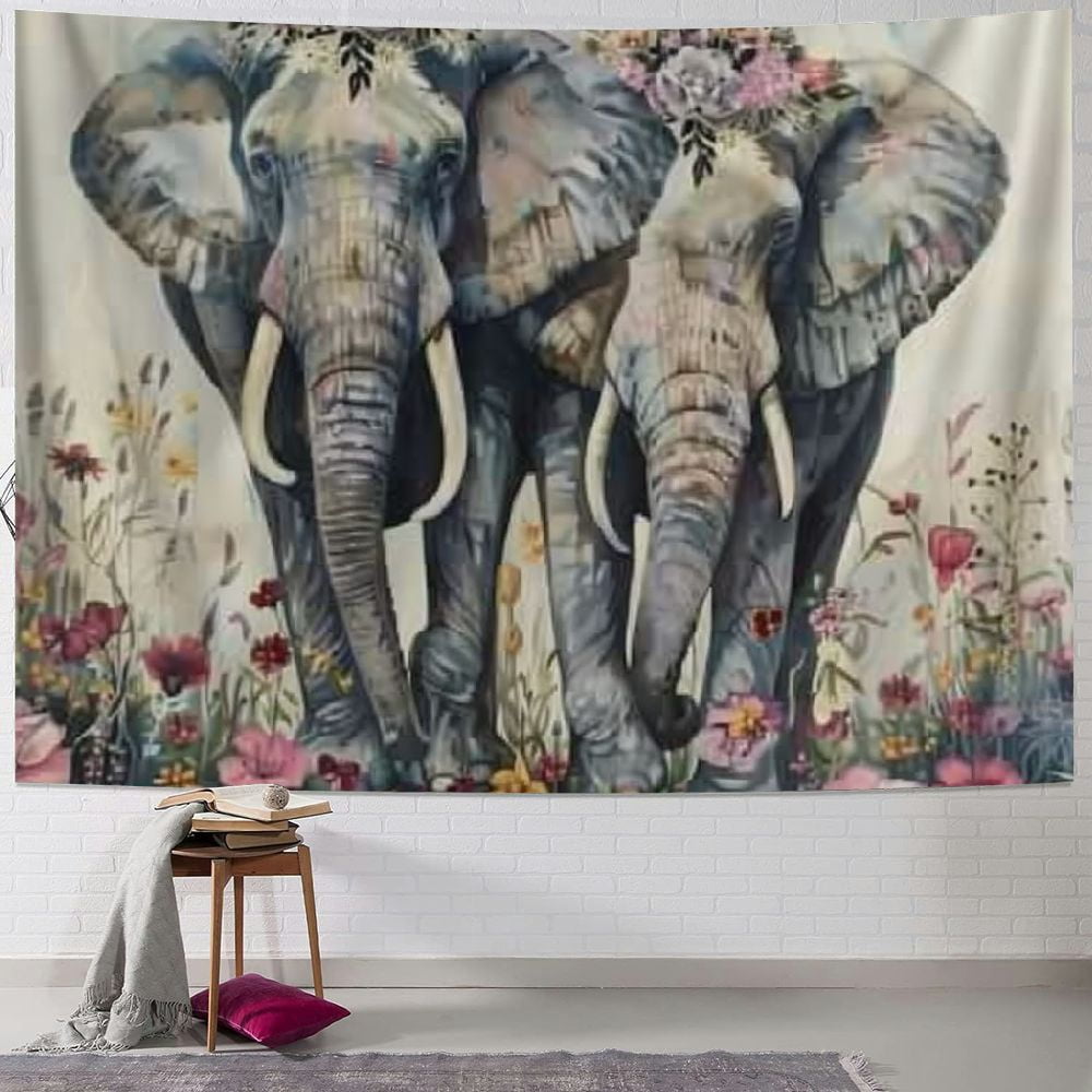 Autua Elephants Flowers Crown Tapestry Wall Hanging Unique Style ...