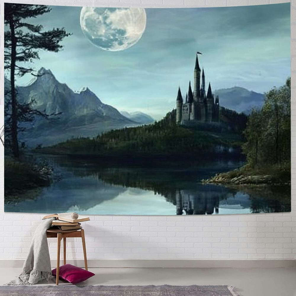Autua Fantasy Tapestry, Moon Surreal Scene with Riverside Lake Forest ...