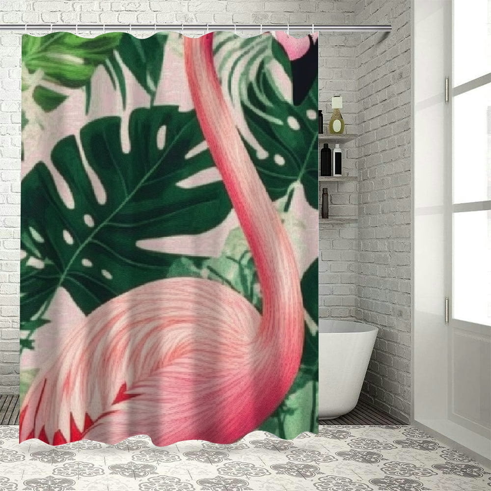 Autua Flamingo Leaves Pink Shower Curtain with Hooks for Bathroom ...