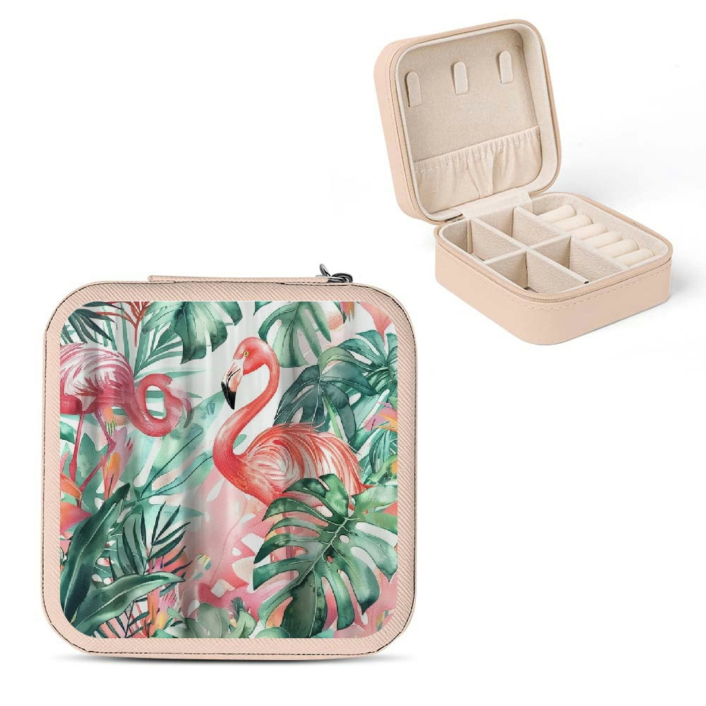 Autua Flamingo Tropical Leaves Jewelry Box for Women - Compact Travel ...