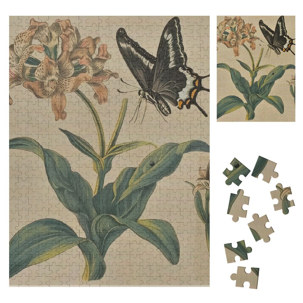 Autua Flower Butterfly Illustration Wooden Jigsaw Puzzle Vertical Style ...