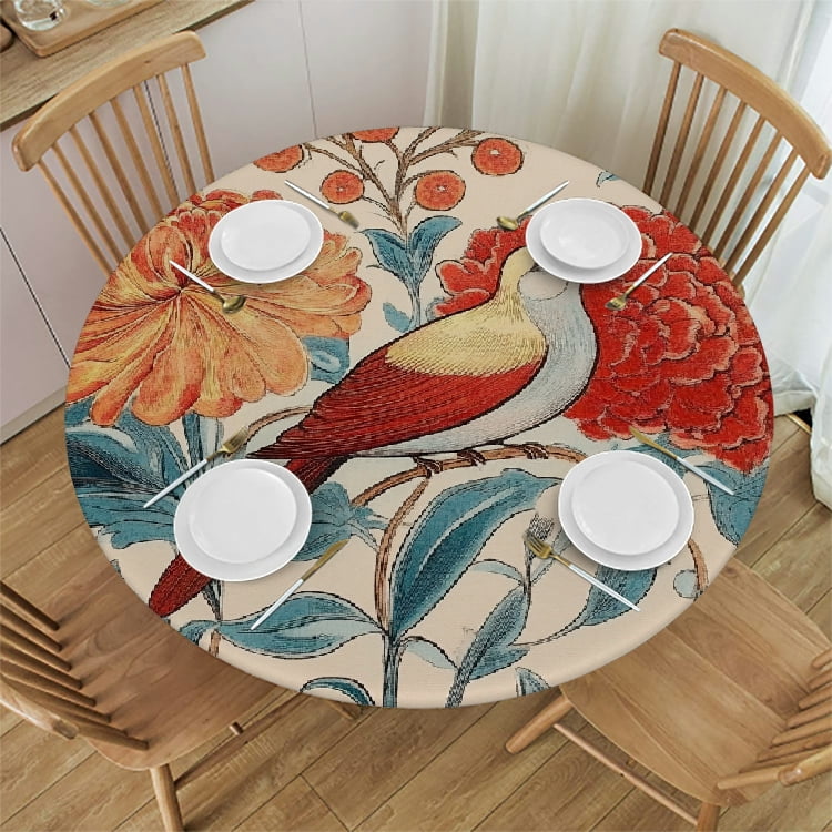 Autua Flower Design Bird Round Tablecloth Stain-Resistant 100% ...