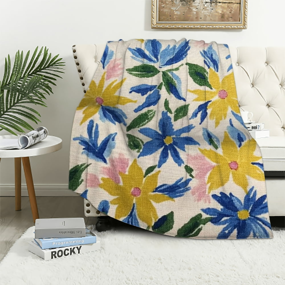 Autua Flowered Blue Yellow Lightweight Soft Blanket for All Seasons ...