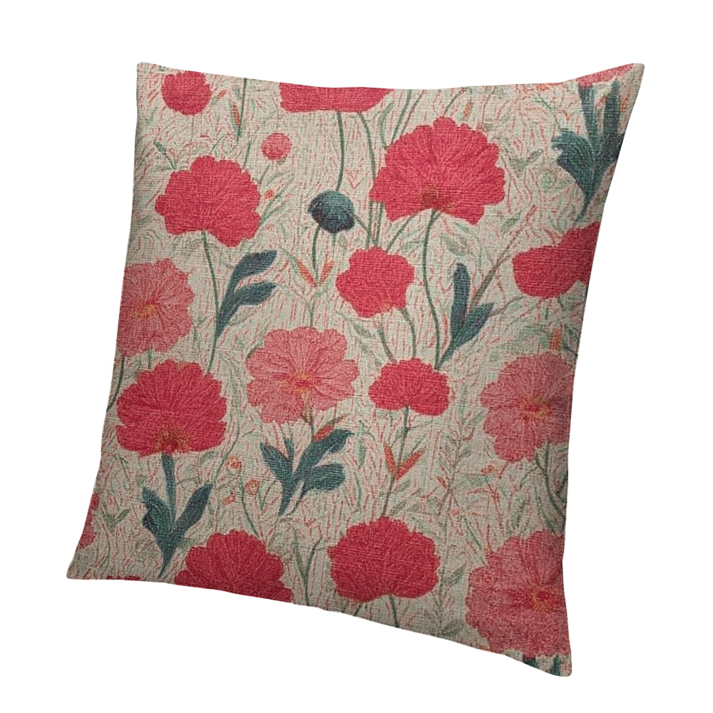 Autua Flowery Fabric Red Flowers Pillowcase with Invisible Zipper ...