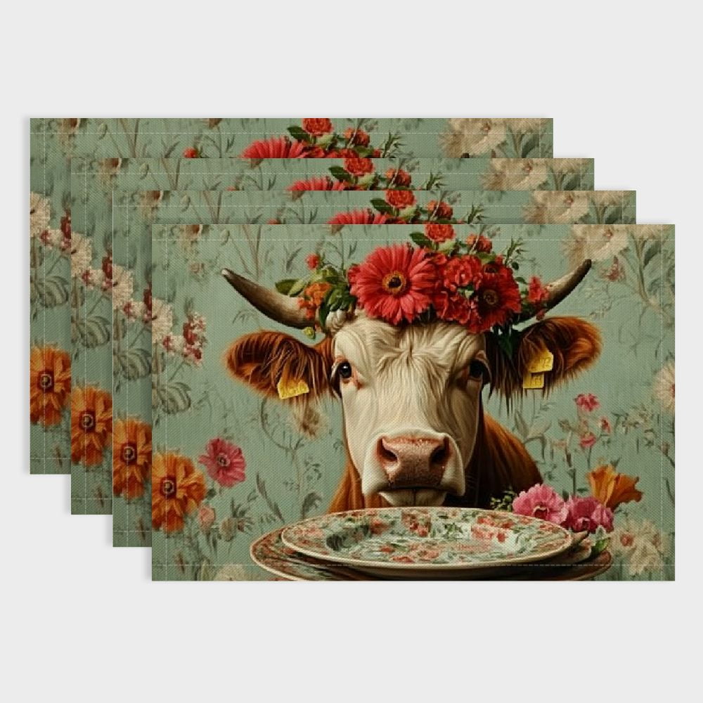 Autua Highland Cow Place Mats Farmhouse Flower Cattle Fruits Placemats ...