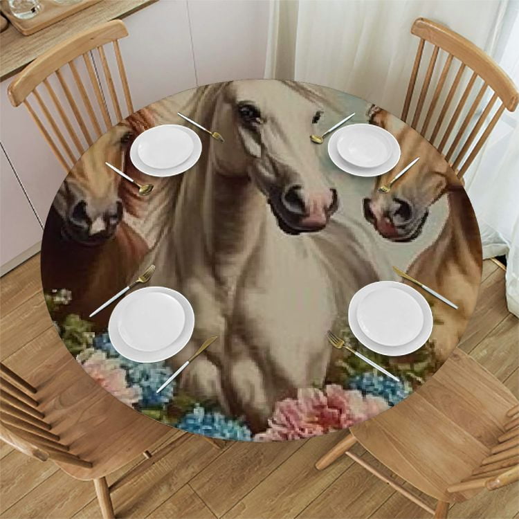 Autua Horses Flowers Wallpaper Round Tablecloth Stain-Resistant ...