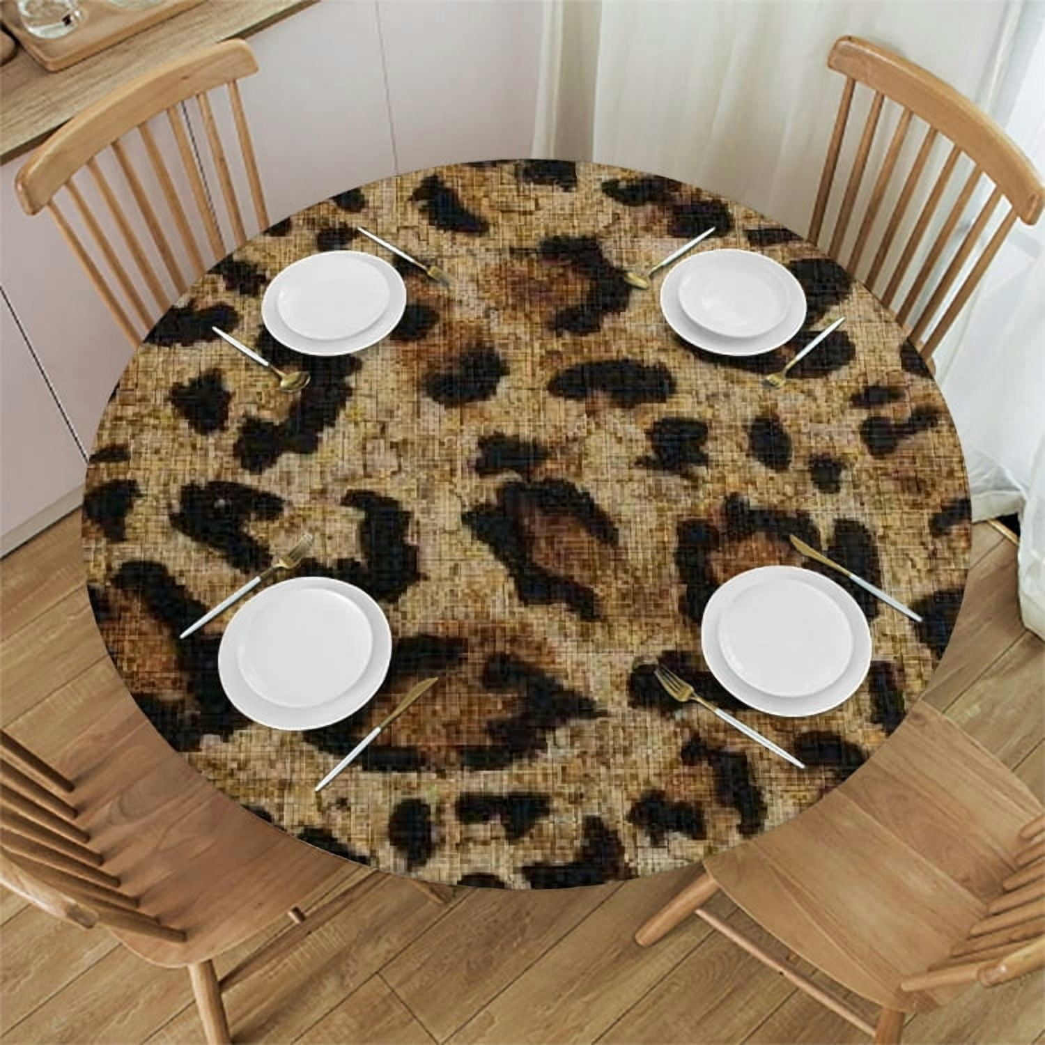 Autua Leopard Print Fabric Jigsaw Round Tablecloth Stain-Resistant 100% ...