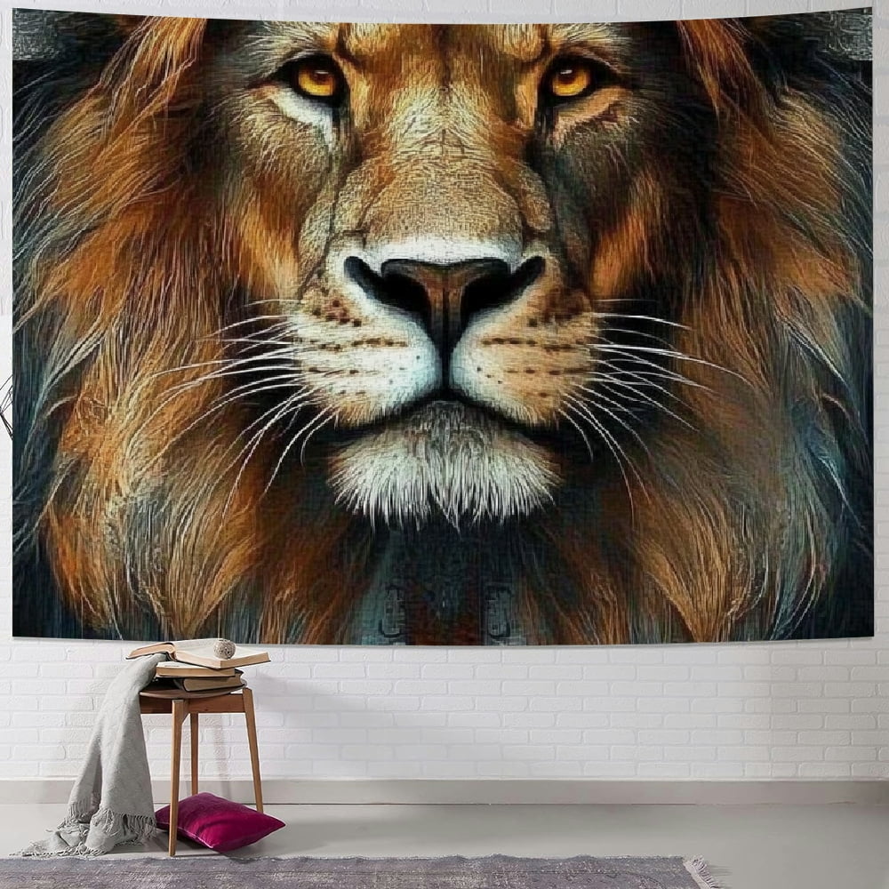 Autua Lion tapestry wall hanging, black and gold African lion king with ...