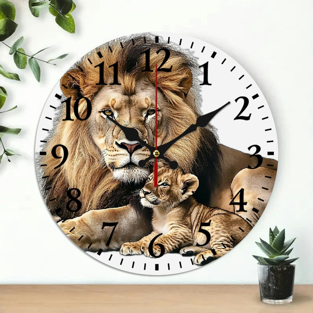Autua Lions Babies Bonding Round Wooden Wall Clock Battery Operated ...