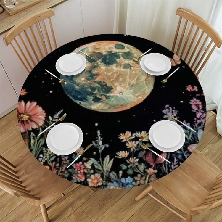 Autua Moon Flowers Butterflies Round Tablecloth Stain-Resistant ...