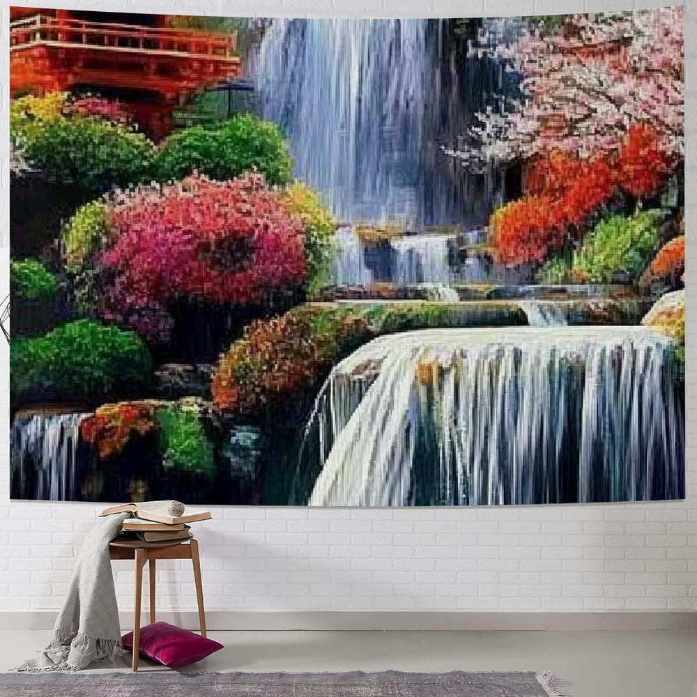 Autua Nature Pink Cherry Blossoms Trees Tapestry Mountain Buildings ...