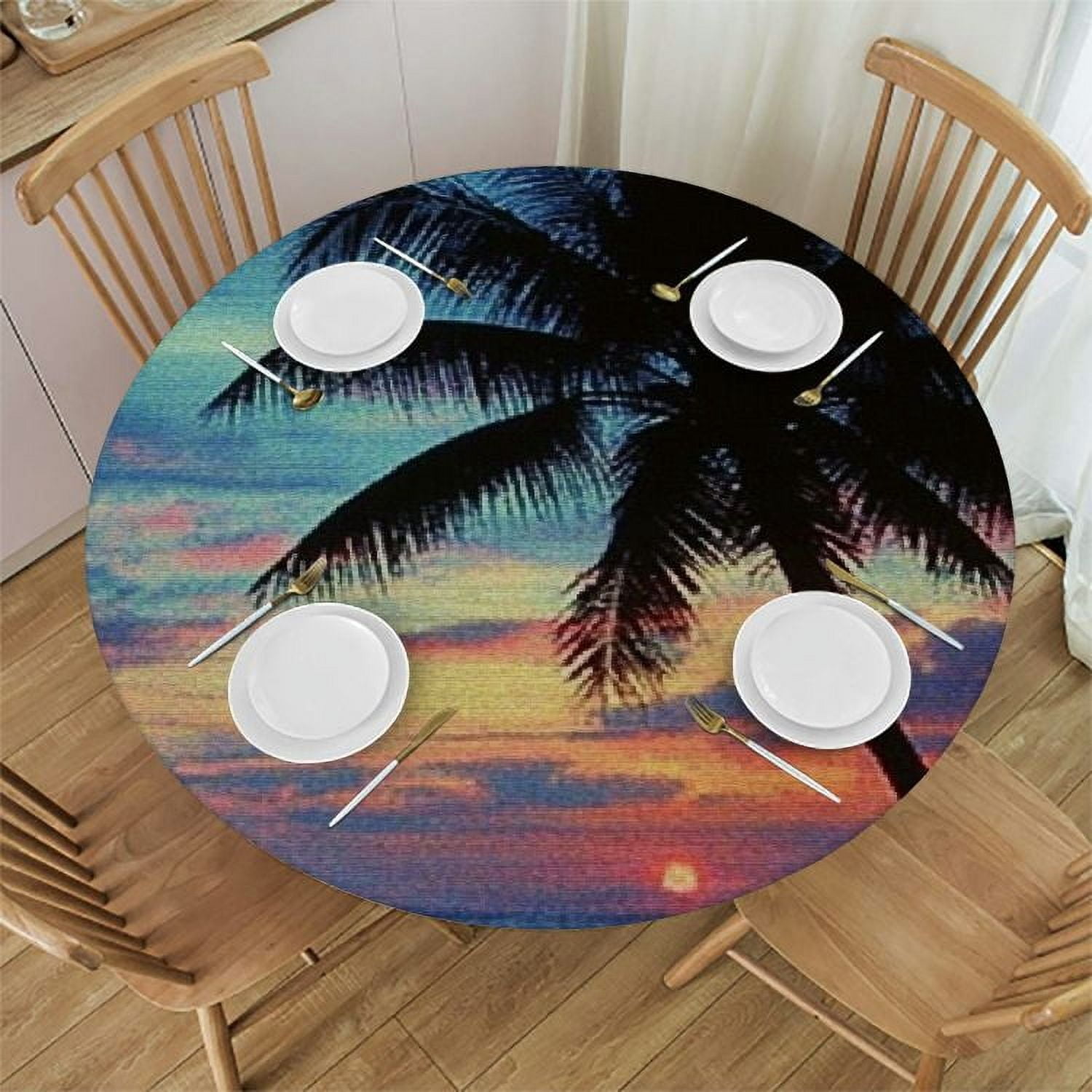 Autua Palm Tree Sunset Ocean Round Tablecloth Stain-Resistant Washable ...