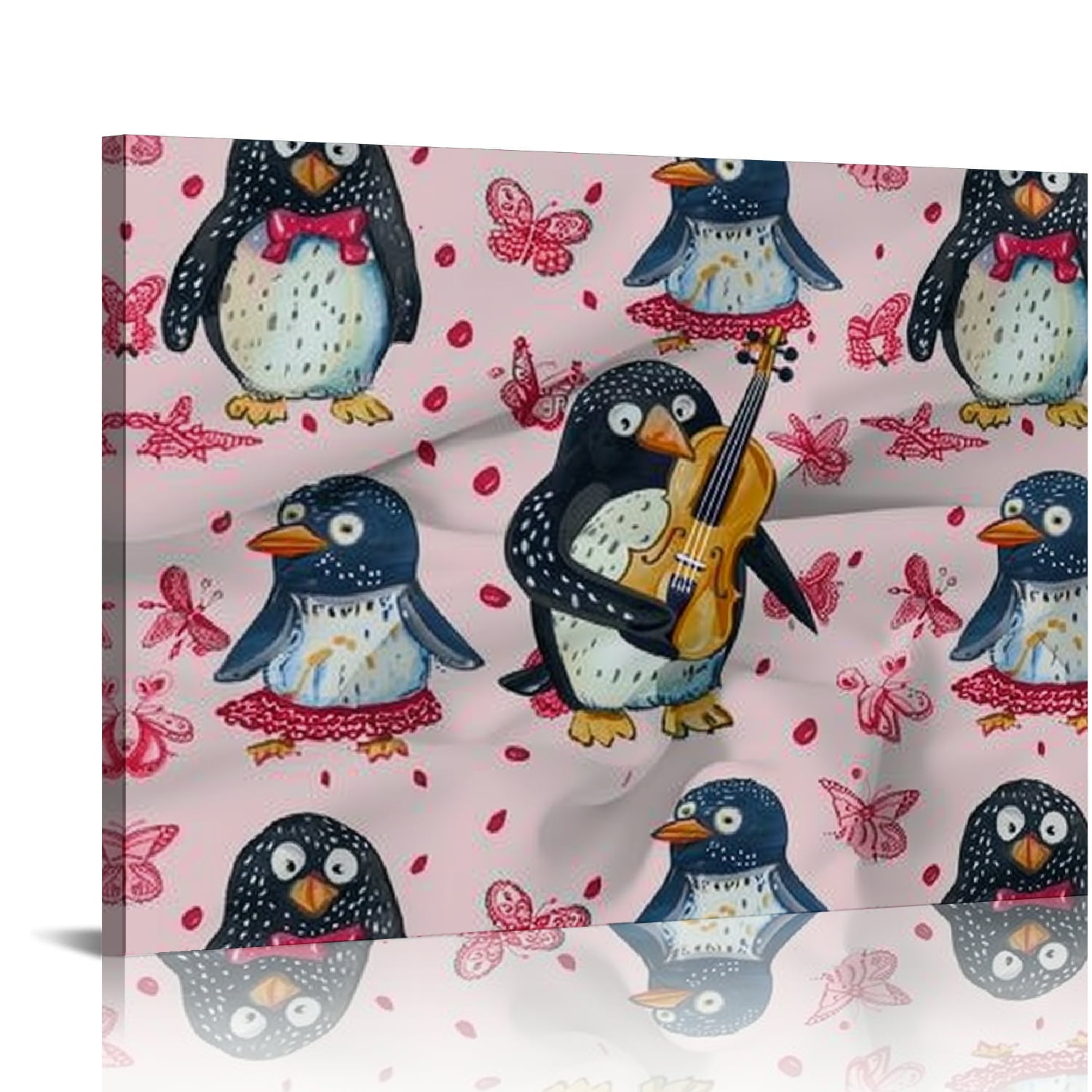 Autua Penguin Violin Pink Background Wall Art Canvas Decor 20x16in ...