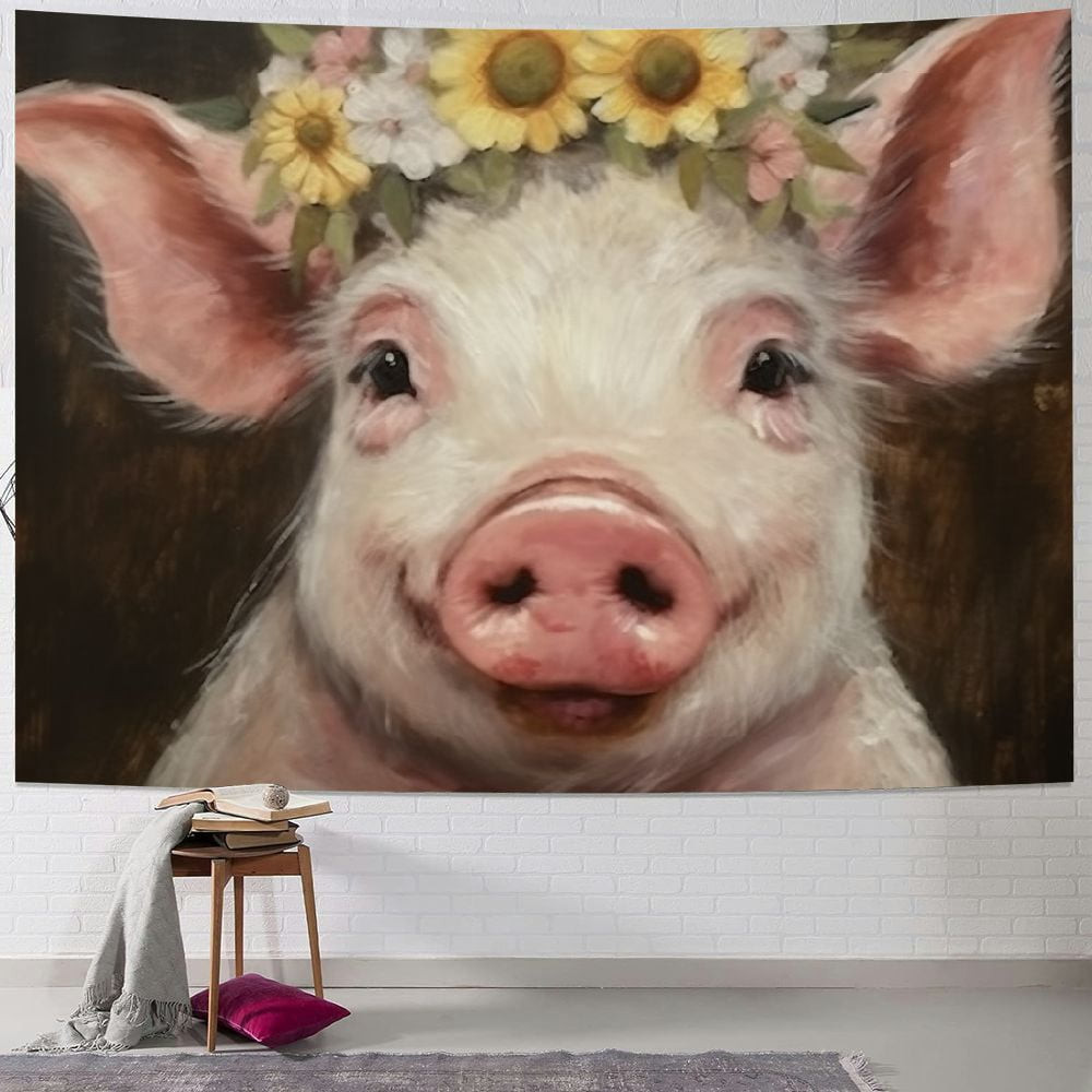 Autua Pig with Flower Crown Tapestry Wall Hanging Unique Style Graphic ...