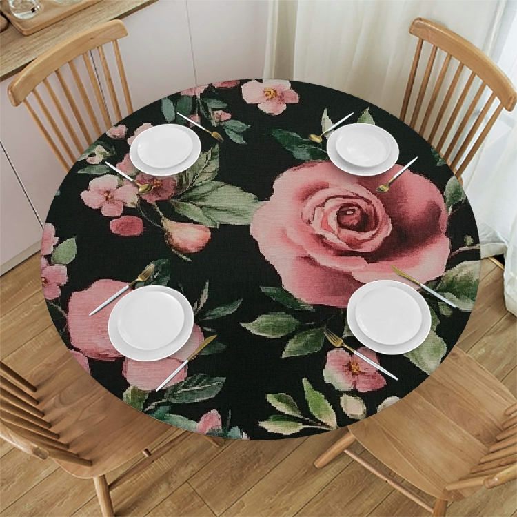 Autua Pink Flowers Green Leaves Rococo Round Tablecloth 100% Polyester ...