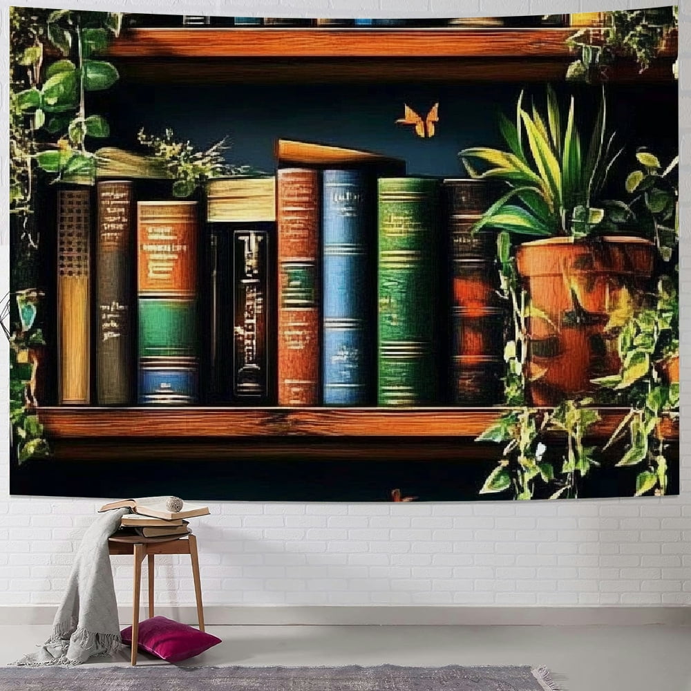 Autua Plant Bookshelves Tapestry Lush Green Plant Bookshelves Tapestry ...
