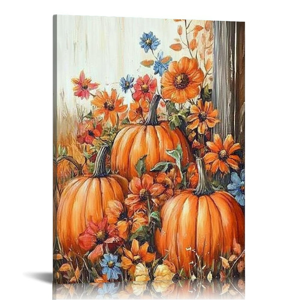 Autua Pumpkins Flowers Fence Post Wall Art Canvas Print Home Office ...
