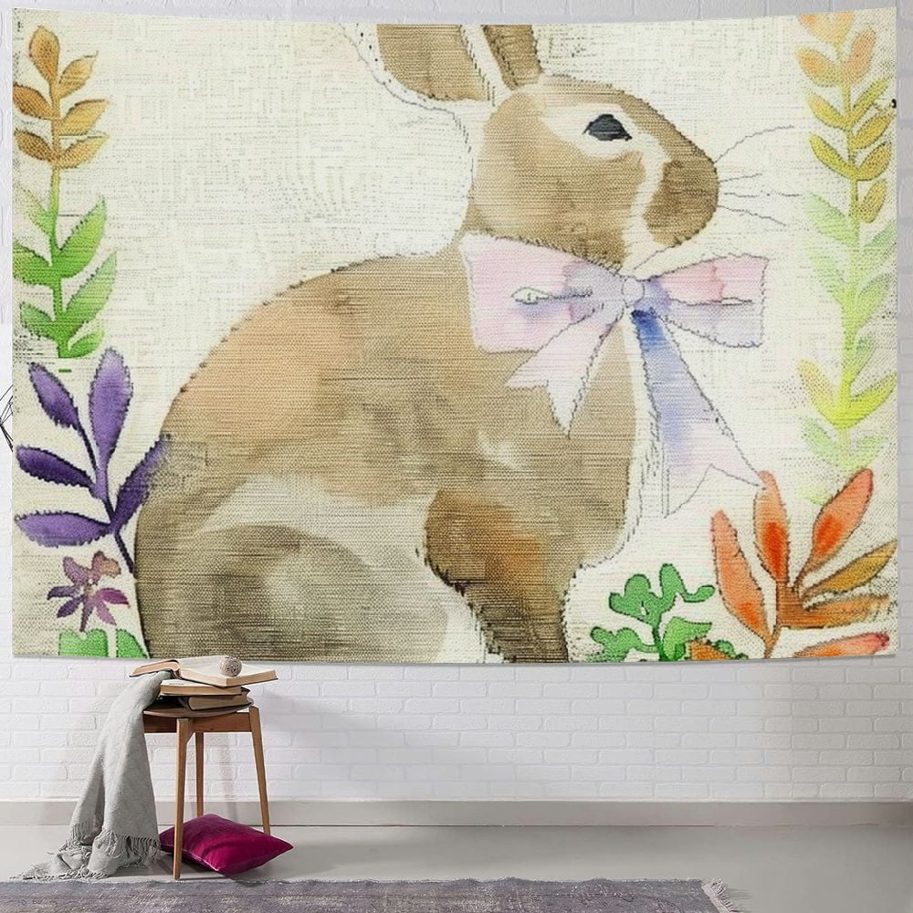 Autua Rabbit Flowers Folk Art Tapestry Wall Hanging Unique Style ...