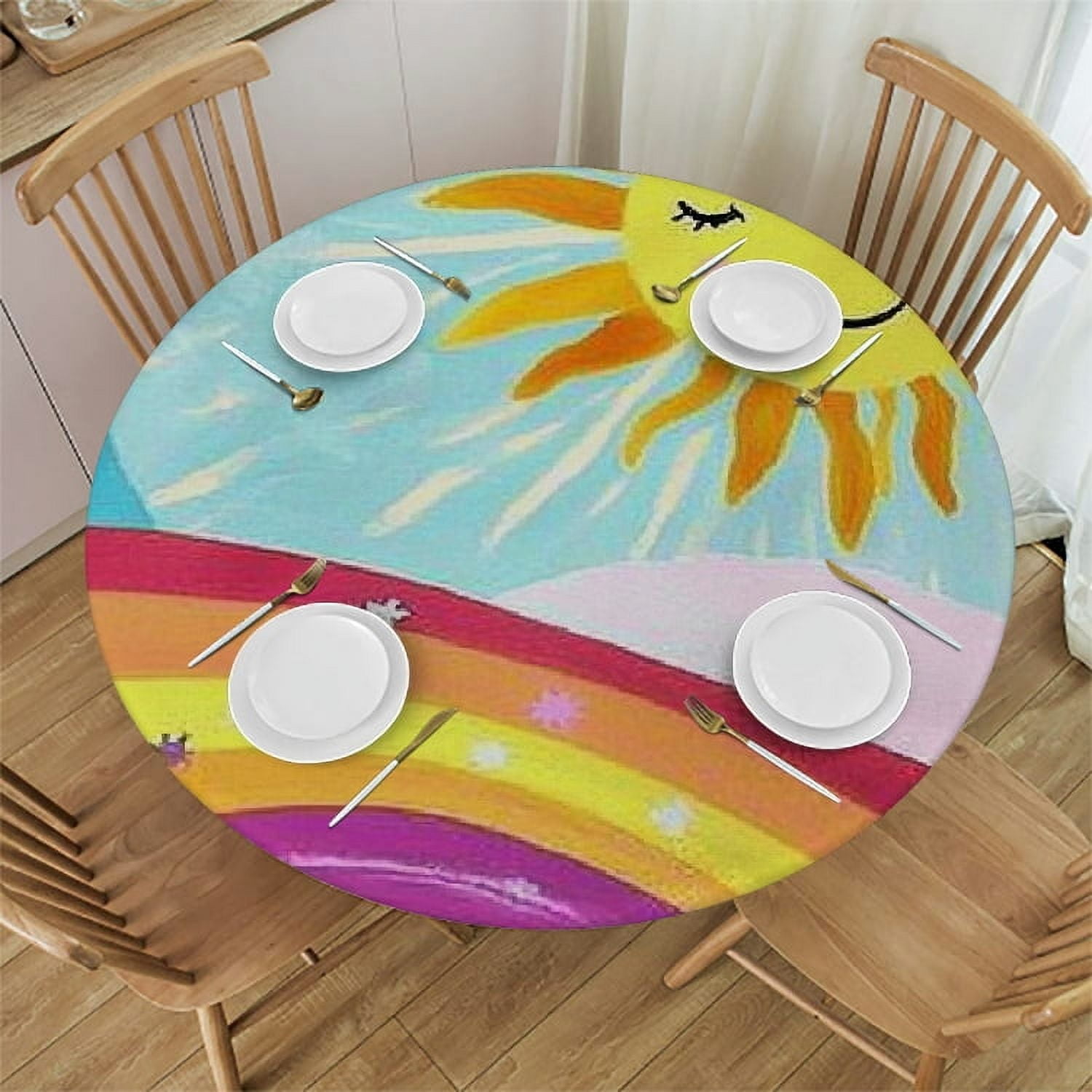 Autua Rainbow Sun Round Tablecloth, Stain-Resistant & Washable ...
