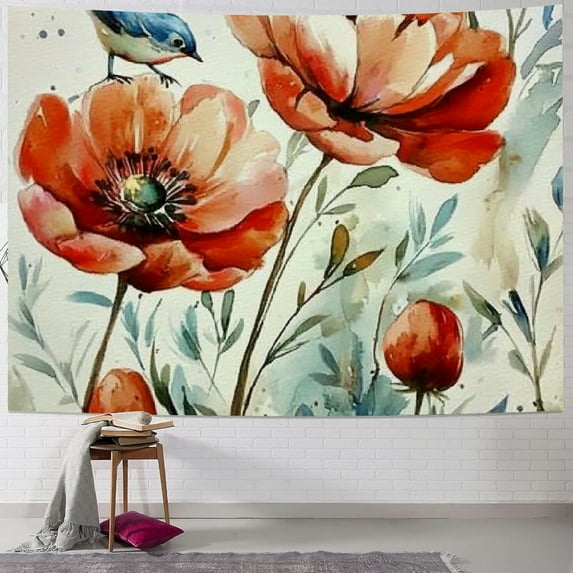 Autua Red Flowers Blue Bird Tapestry Wall Hanging Home Decor 50x40inch ...