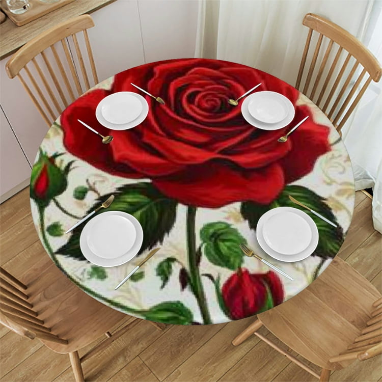 Autua Red Rose Green Leaves Rococo Round Tablecloth Waterproof 100% ...