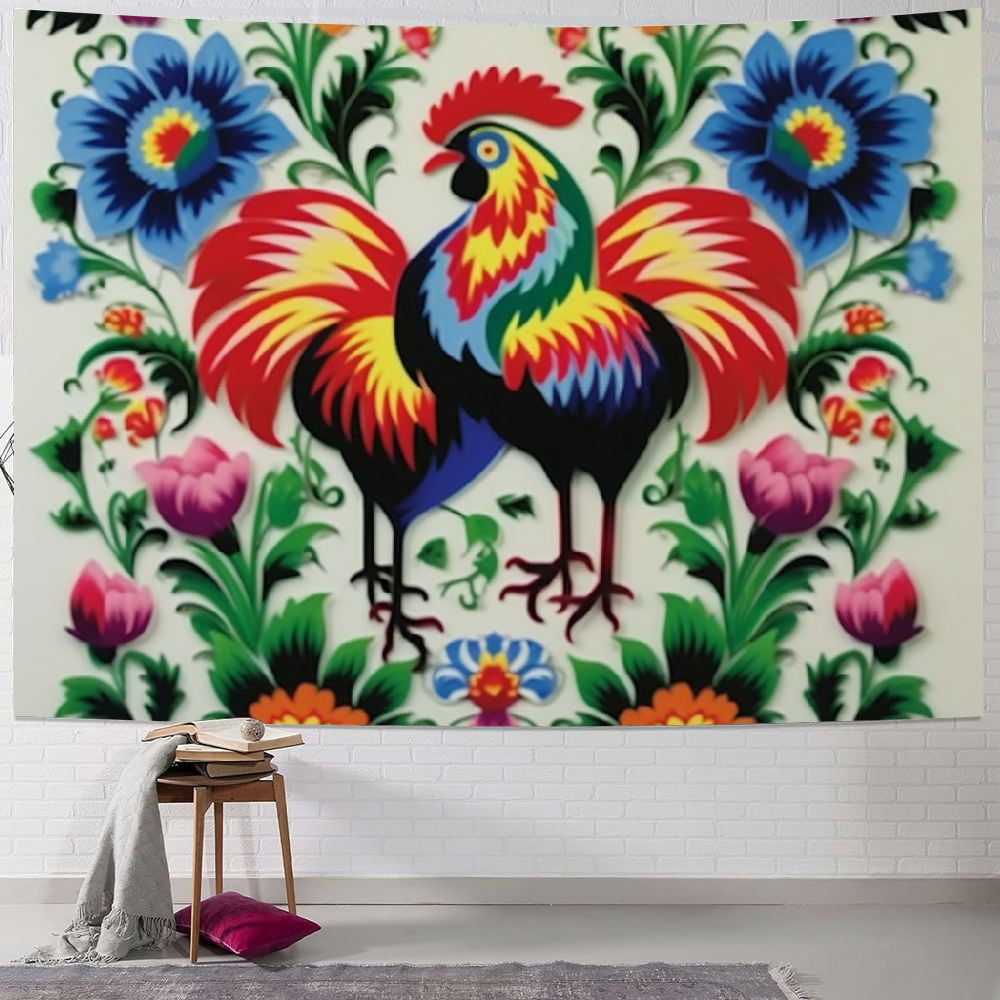 Autua Rooster Flowers Leaves Tapestry Wall Hanging Unique Style Home ...