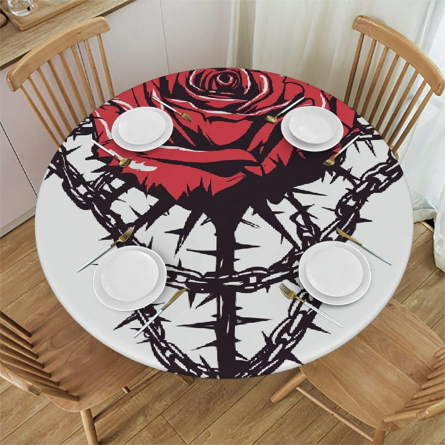 Autua Rose Barbed Wire Chains Round Tablecloth Stain-Resistant Washable ...