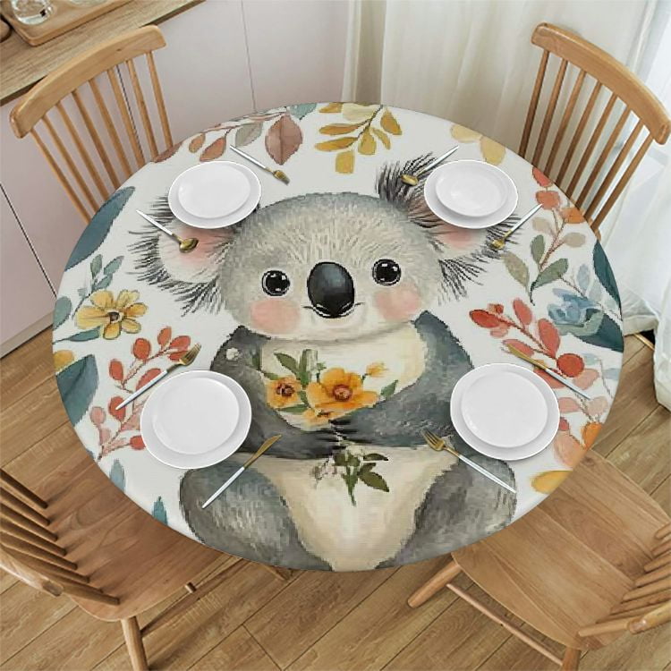Autua Round Tablecloth Koala Bear Flowers Leaves Stain-Resistant 60 ...