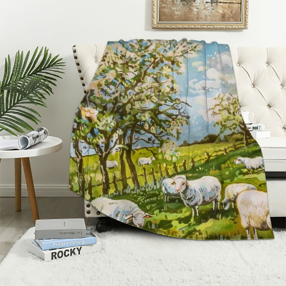 Autua Sheep Trees Field Warm Lightweight Blanket Soft Fleece Throw ...