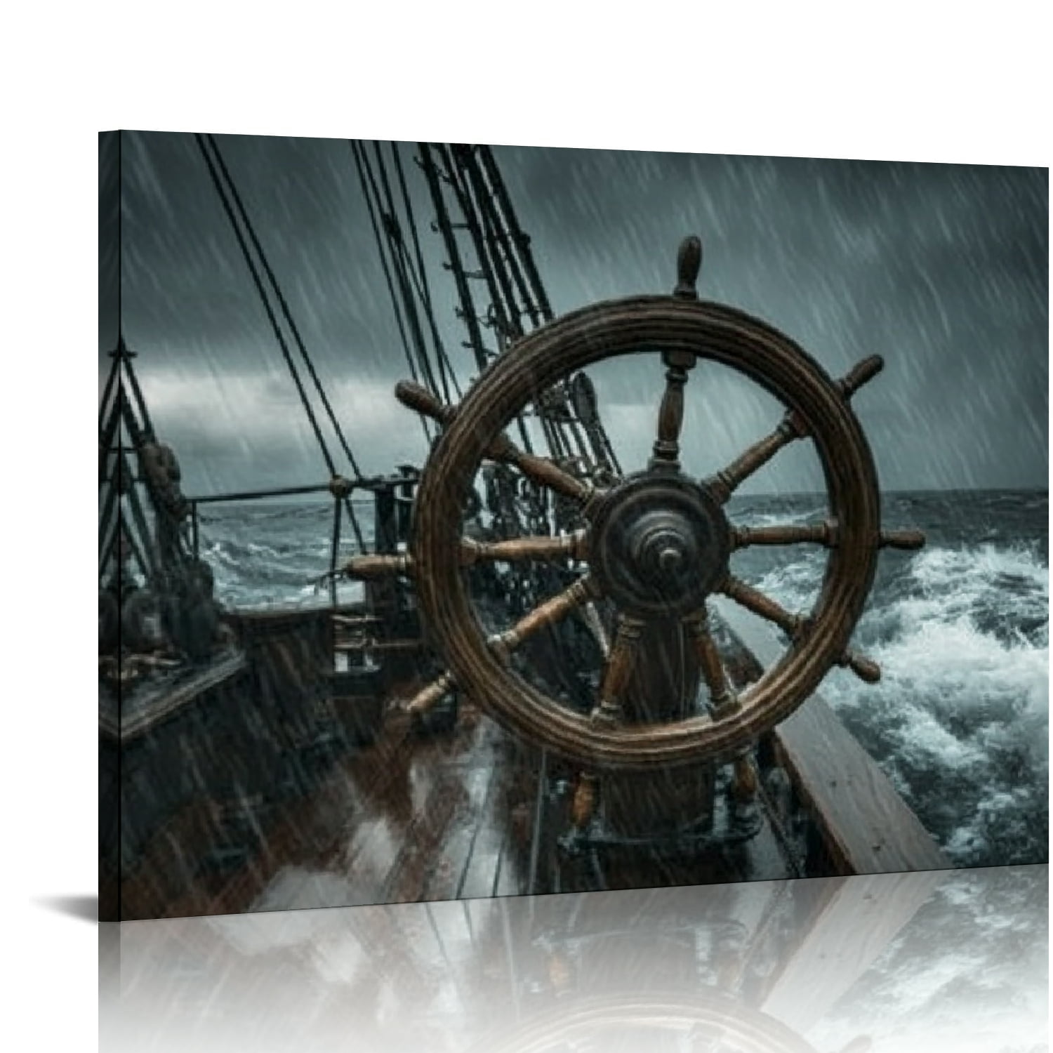 Autua Ship Steering Wheel Storm Canvas Print Wall Art Decor 16x12in ...
