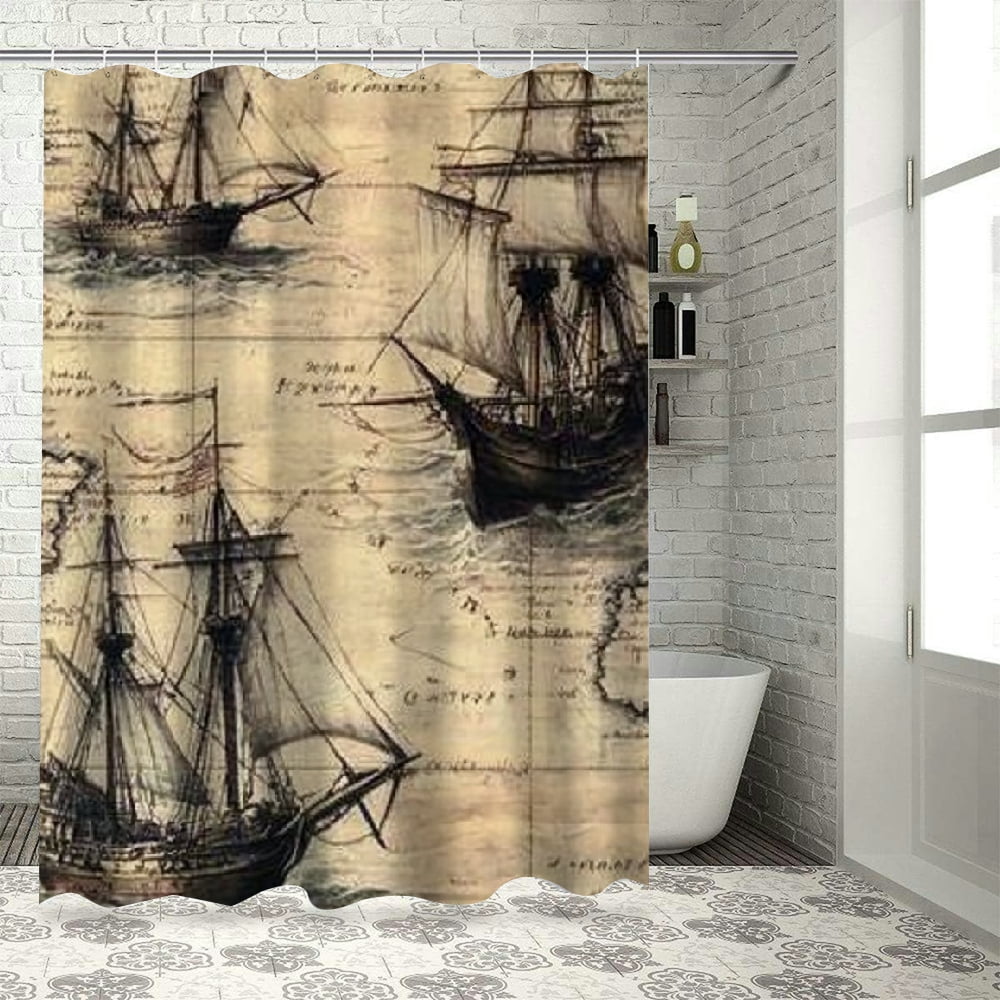Autua Ships Map World Bathroom Shower Curtain Set 100% Polyester ...