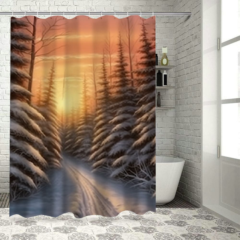 Autua Snowy Forest Sunset Path Bathroom Décor Set with Hooks - Graphic ...