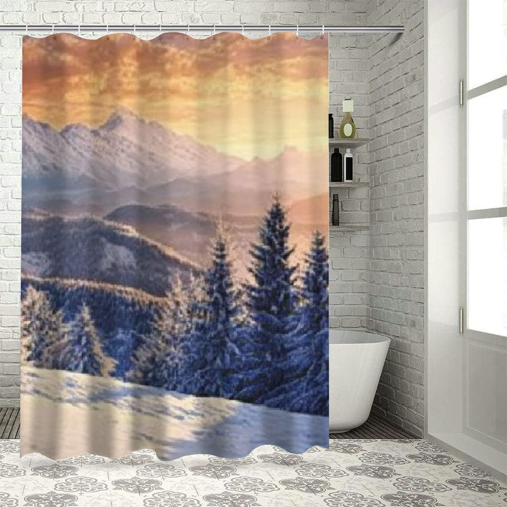 Autua Snowy Mountain Trees Sunset Bathroom Décor Set with Hooks ...